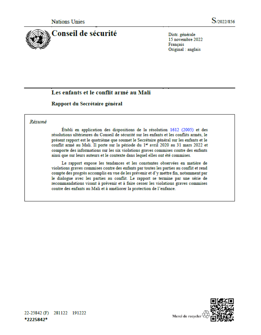 Secretary-General Report on children and armed conflict in Mali (French ... Secretary-General Report on children and armed conflict in Mali (French ...