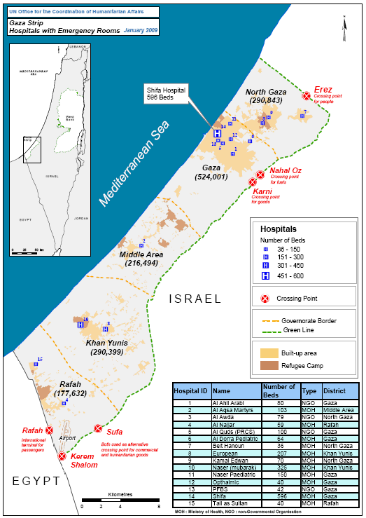 Gaza Strip Hospitals with Emergency Rooms - UN OCHA map - Question of ...